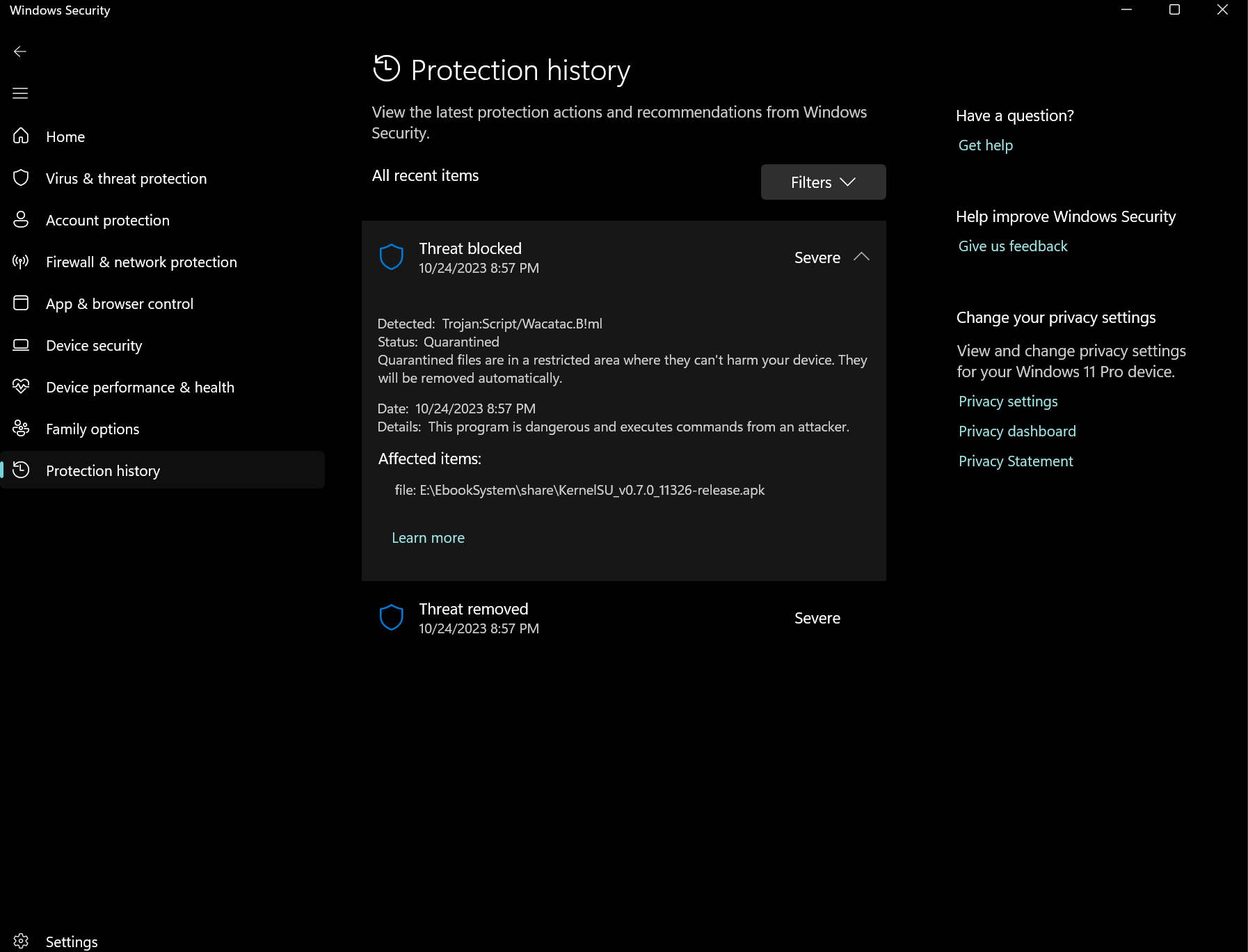 Detected Trojan:Script/Wacatac.B!ml in KernelSU_v0.7.0_11326-release.apk · Issue #1092 · tiann ...
