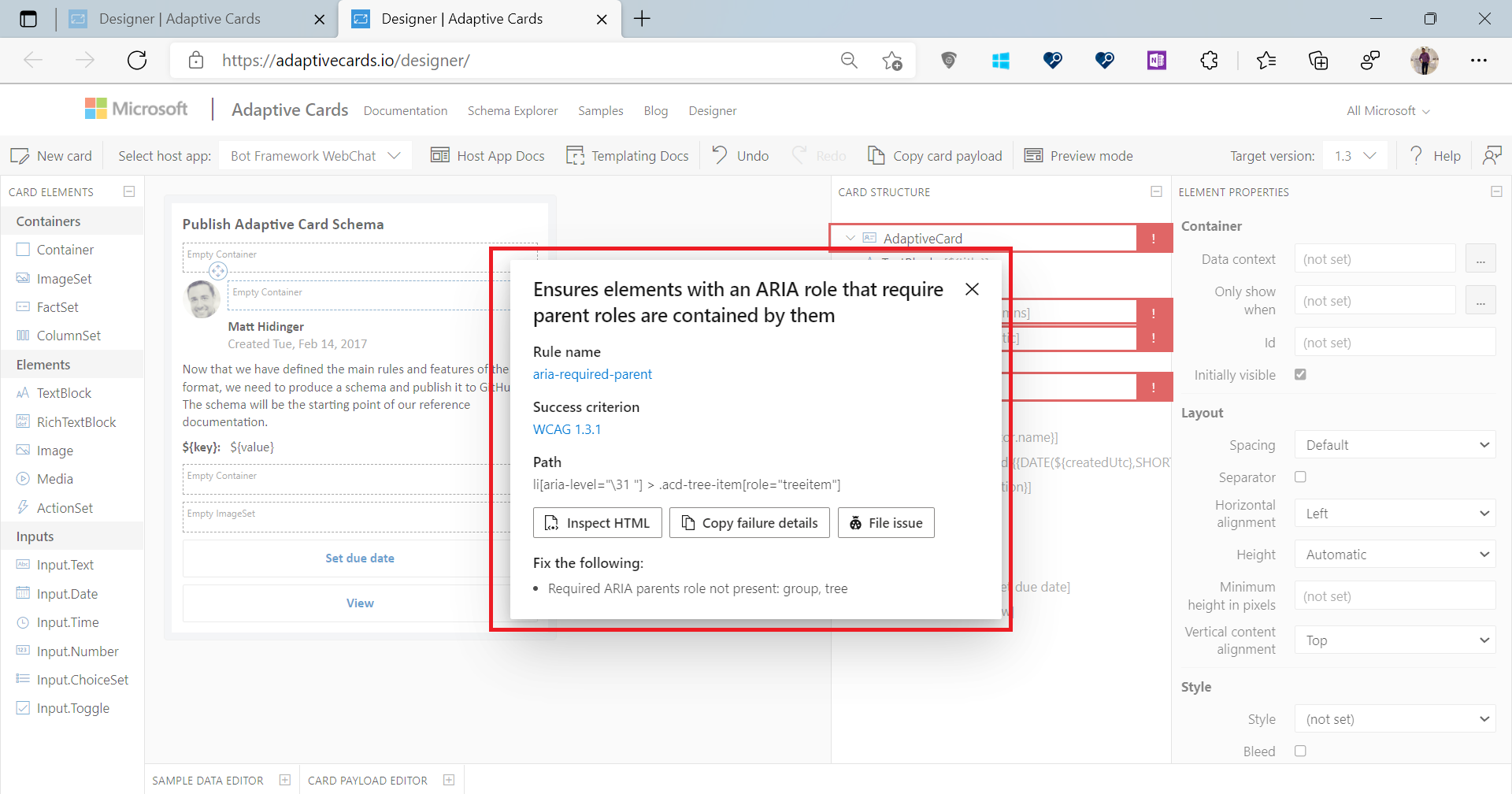 [AdaptiveCards- Designer - Card Structure]: Ensures elements with an ARIA role that require ...