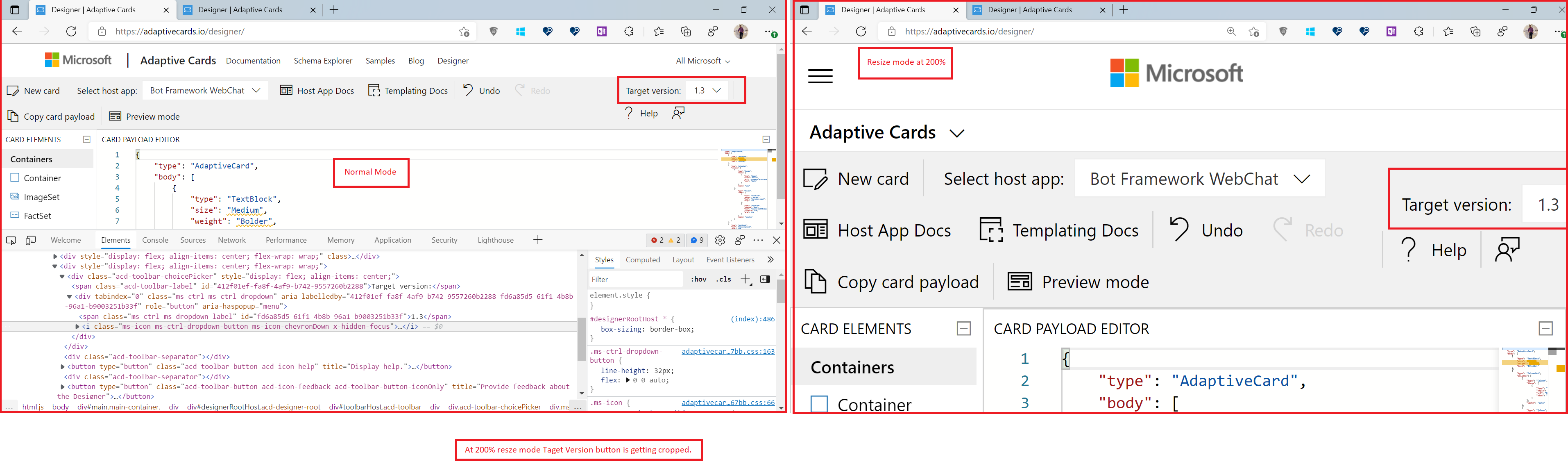 [AdaptiveCards- Designer - Target Version]: At 200%, Target version button is getting cropped ...