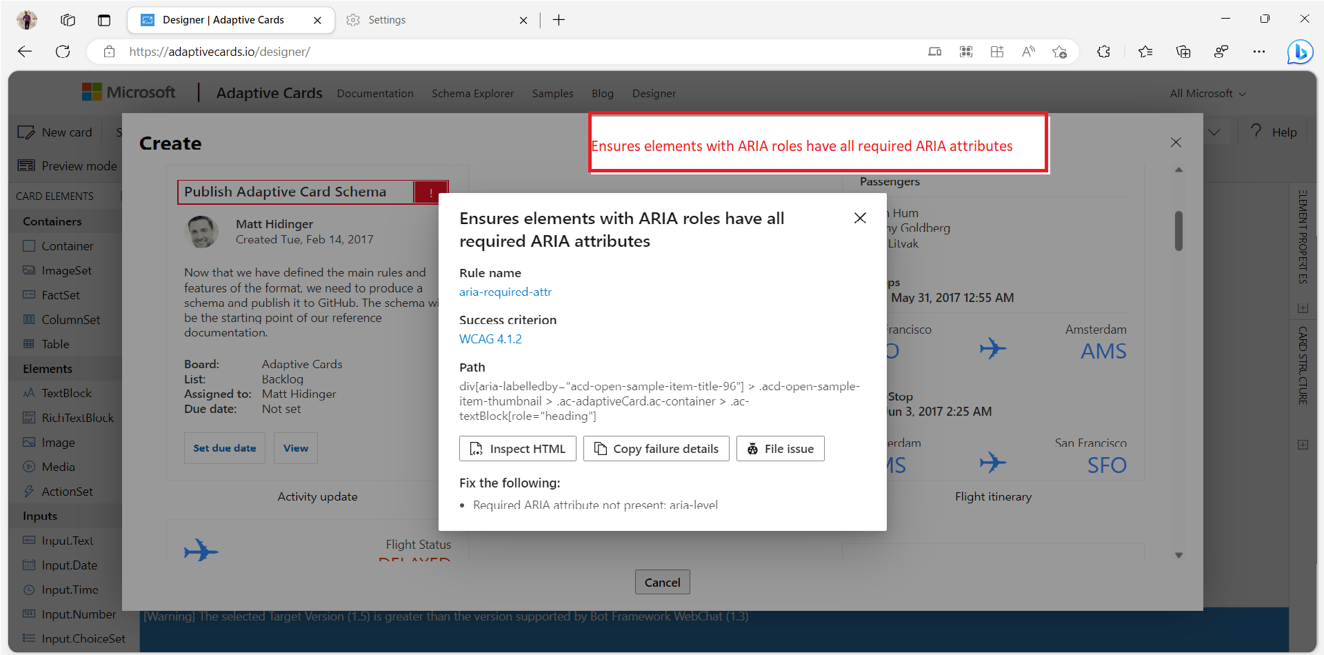 {Freeway-Bug}[Adaptive Cards - New Cards] - Ensures elements with ARIA roles have all required ...
