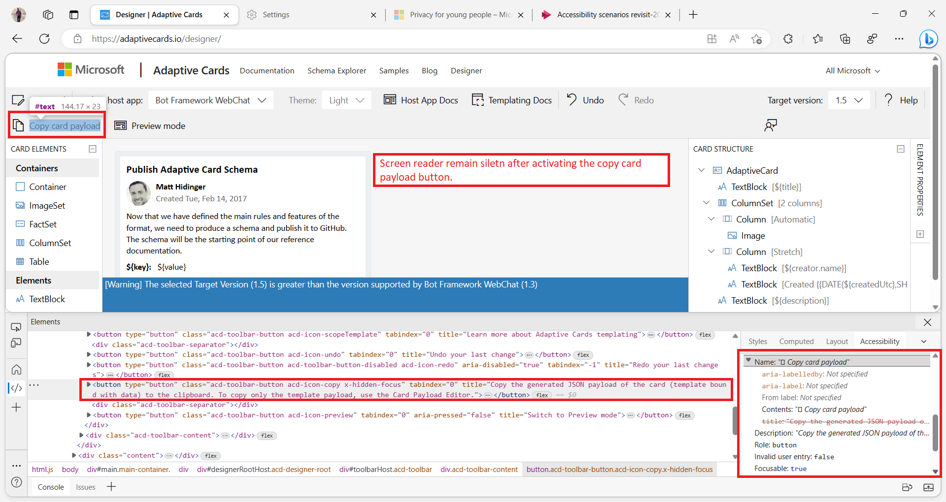 {Freeway-Bug}[Adaptive Cards - Copy Card Payload] - Screen Reader remain silent when user is ...