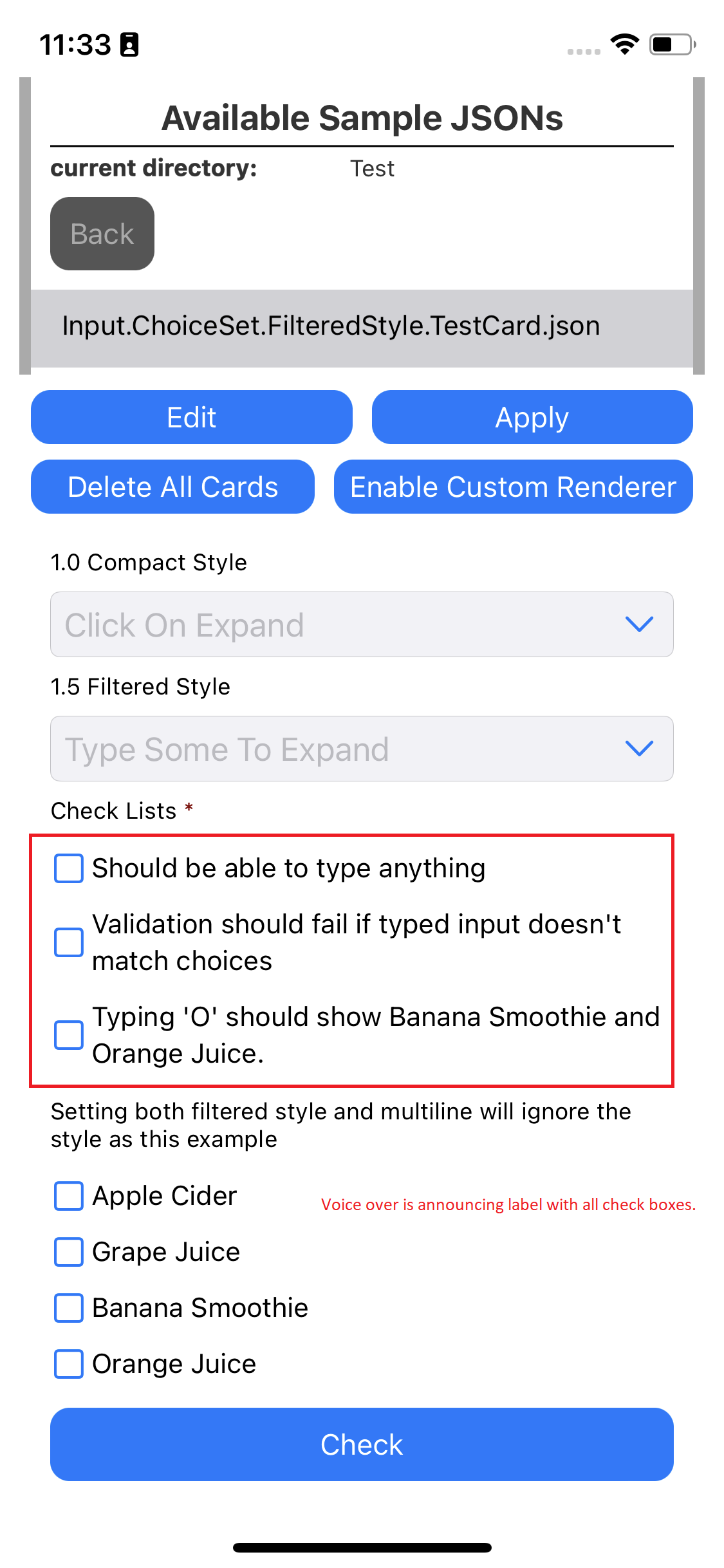[Adaptive Card iOS - Input.ChoiceSet.ErrorMessage.json]: Voice over is announcing label with all ...