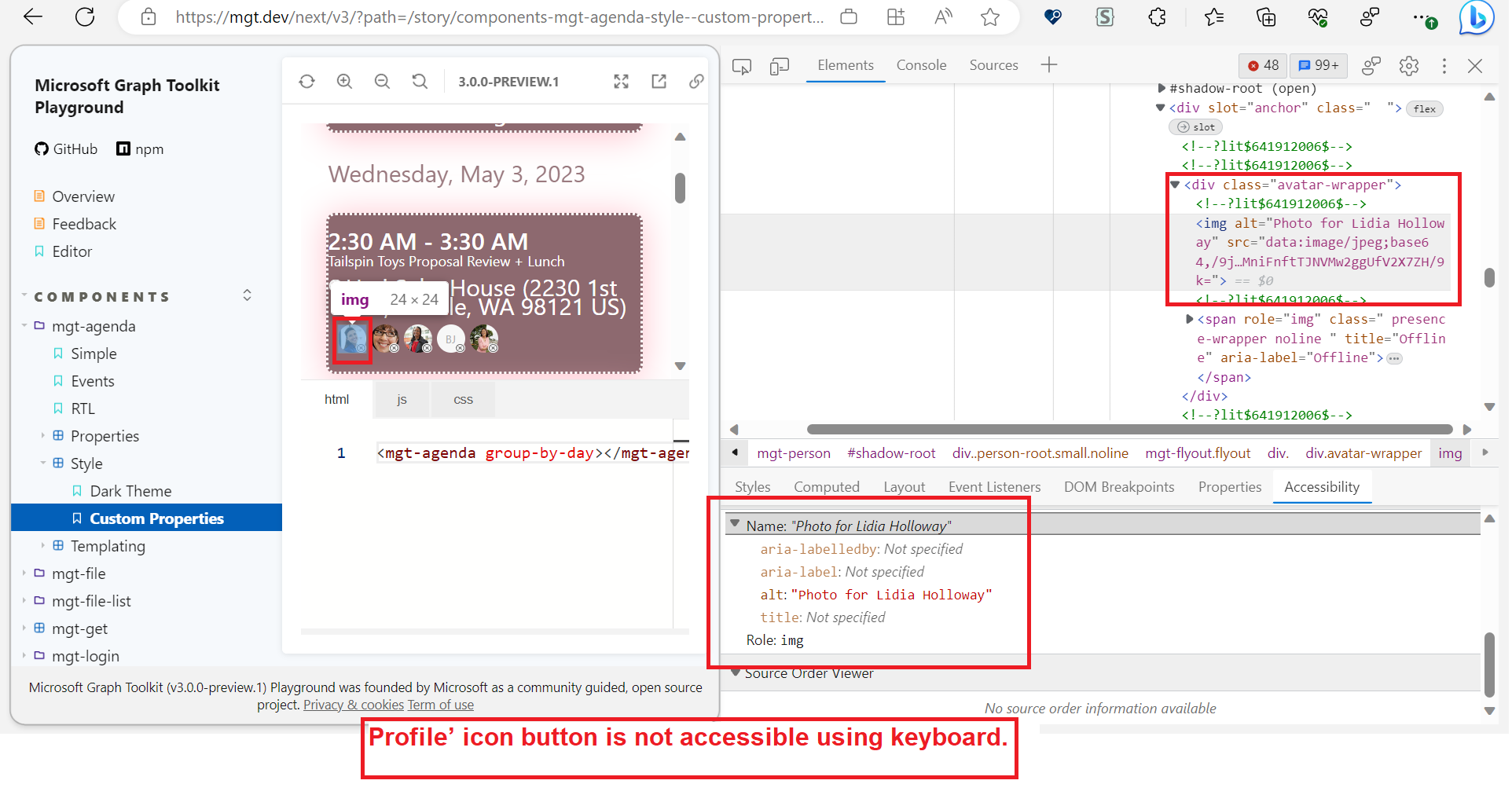 Freeway Bug Mgtp Left Navigation Custom Properties Profile Icon Button Is Not Accessible 