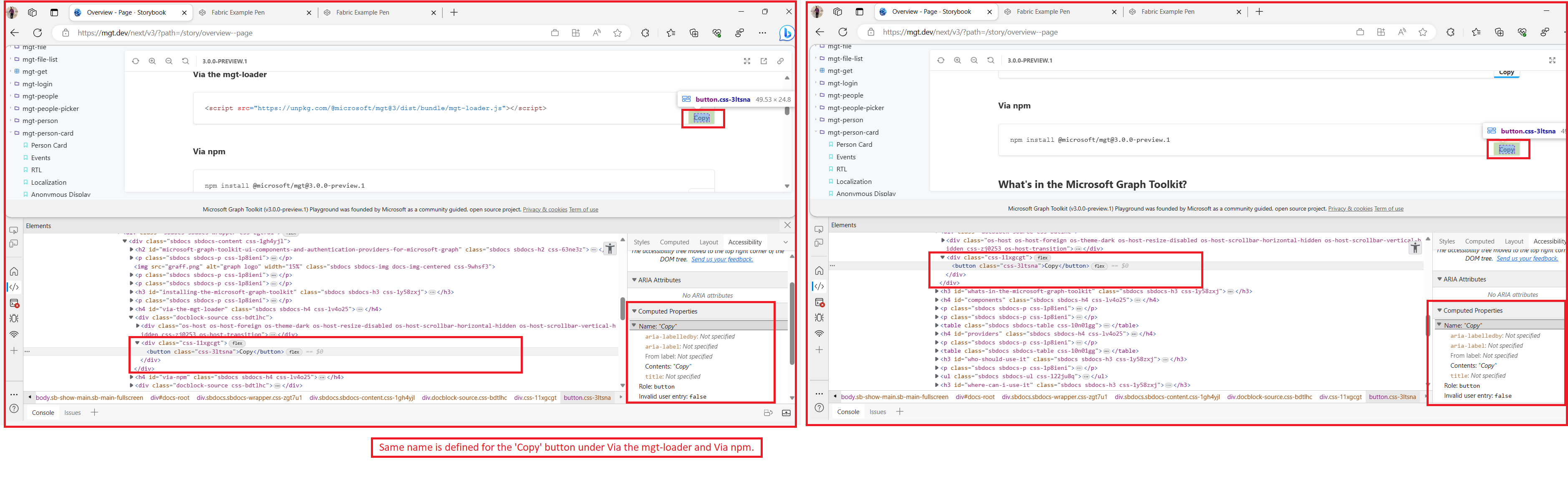 [MGTP - Microsoft Graph Toolkit Playground] - Same name is defined for the 'Copy' button under ...