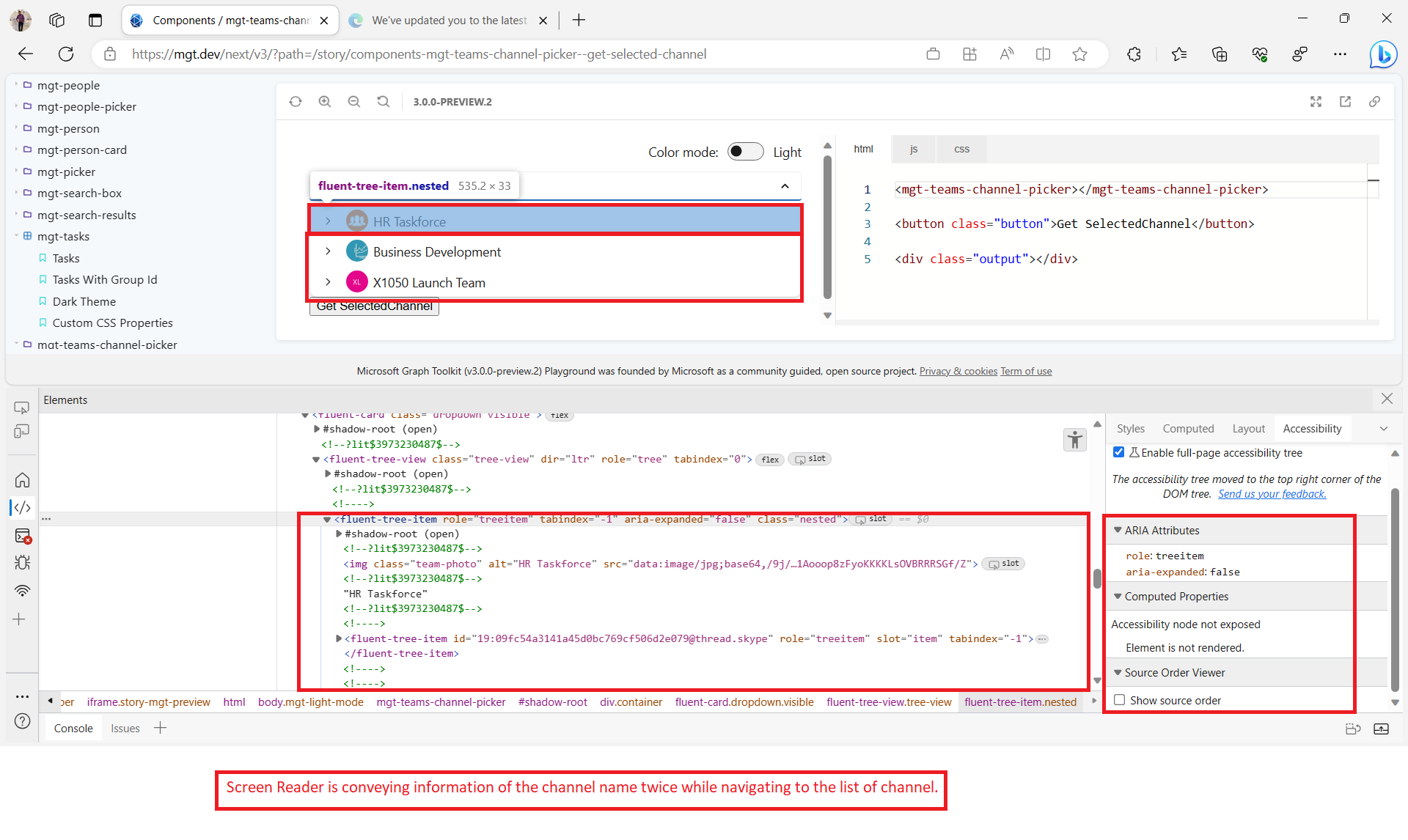[MGTP- Mgt-teams - Teams Channel Picker]: Screen Reader is conveying information of the channel ...