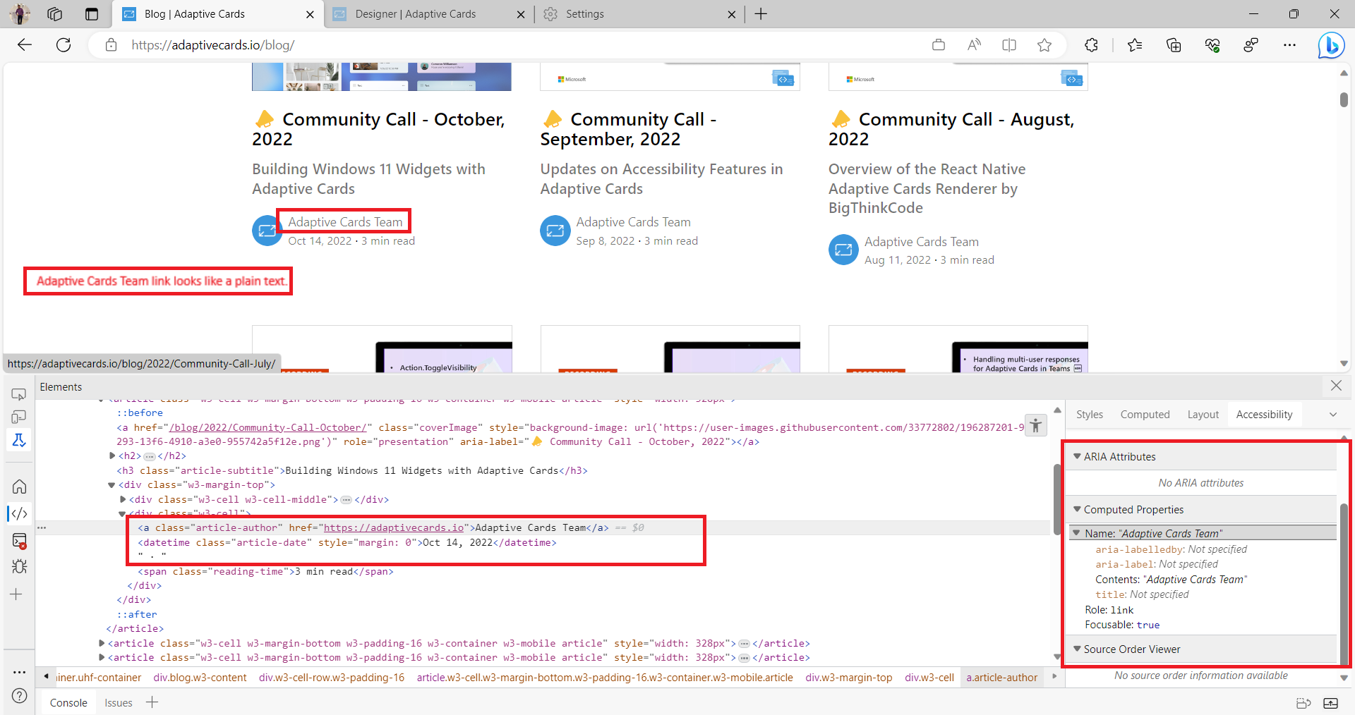 [Adaptive Cards - Blog]: 'Adaptive Cards Team' link under Blog screen ...