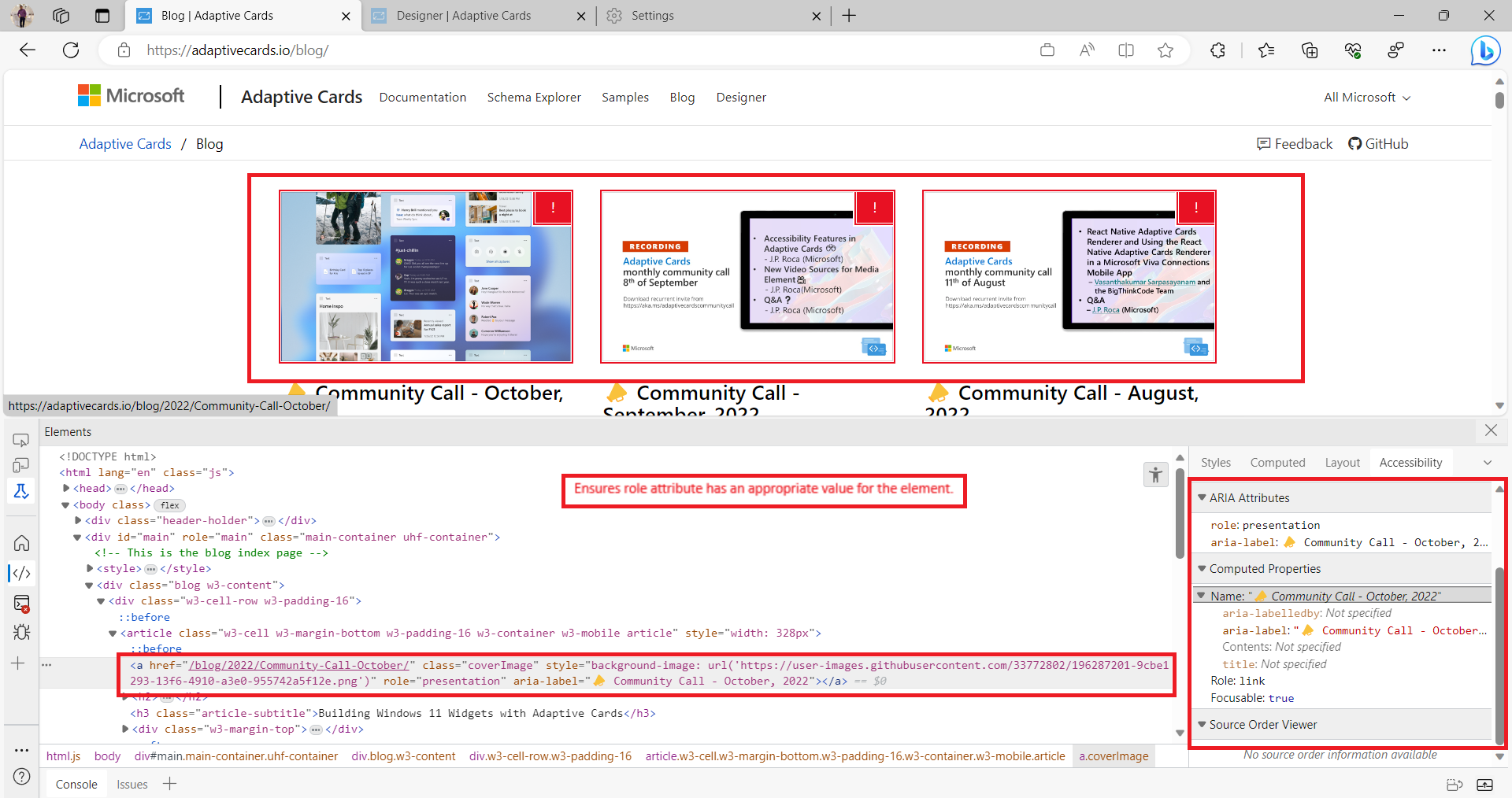 {Freeway-Bug}[Adaptive Cards - Blog]: Ensures role attribute has an appropriate value for the ...