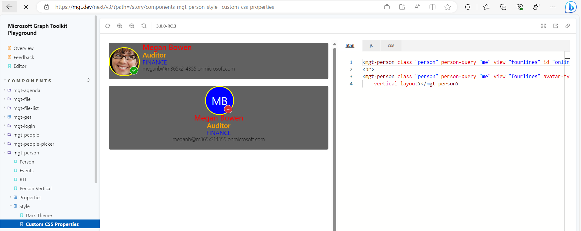 [MGTP> mgt-person> Styles> Custom CSS Properties]: 'meganb@m365x214355.onmicrosoft.com' text is ...