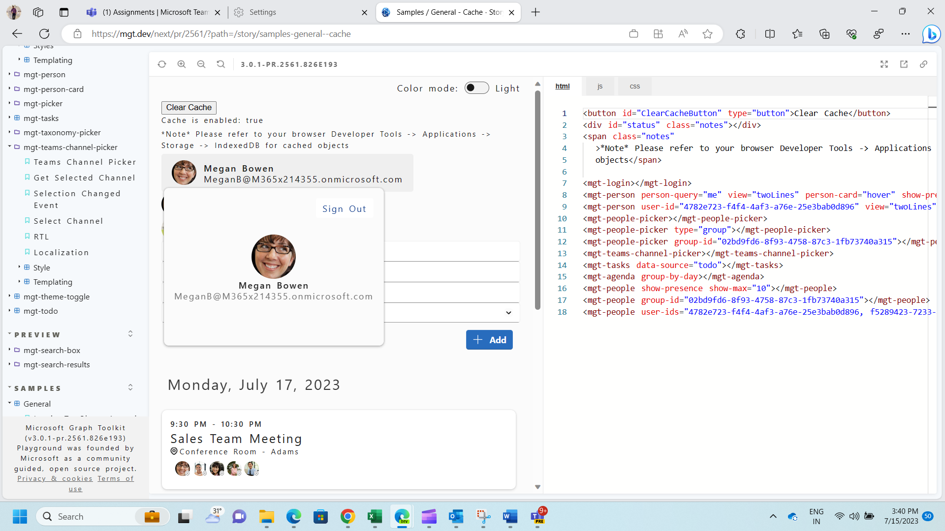 [MGTP-Components-Sample-General-Cache]: ‘Megan Bowen’ and ‘Email ID’ information texts under ...