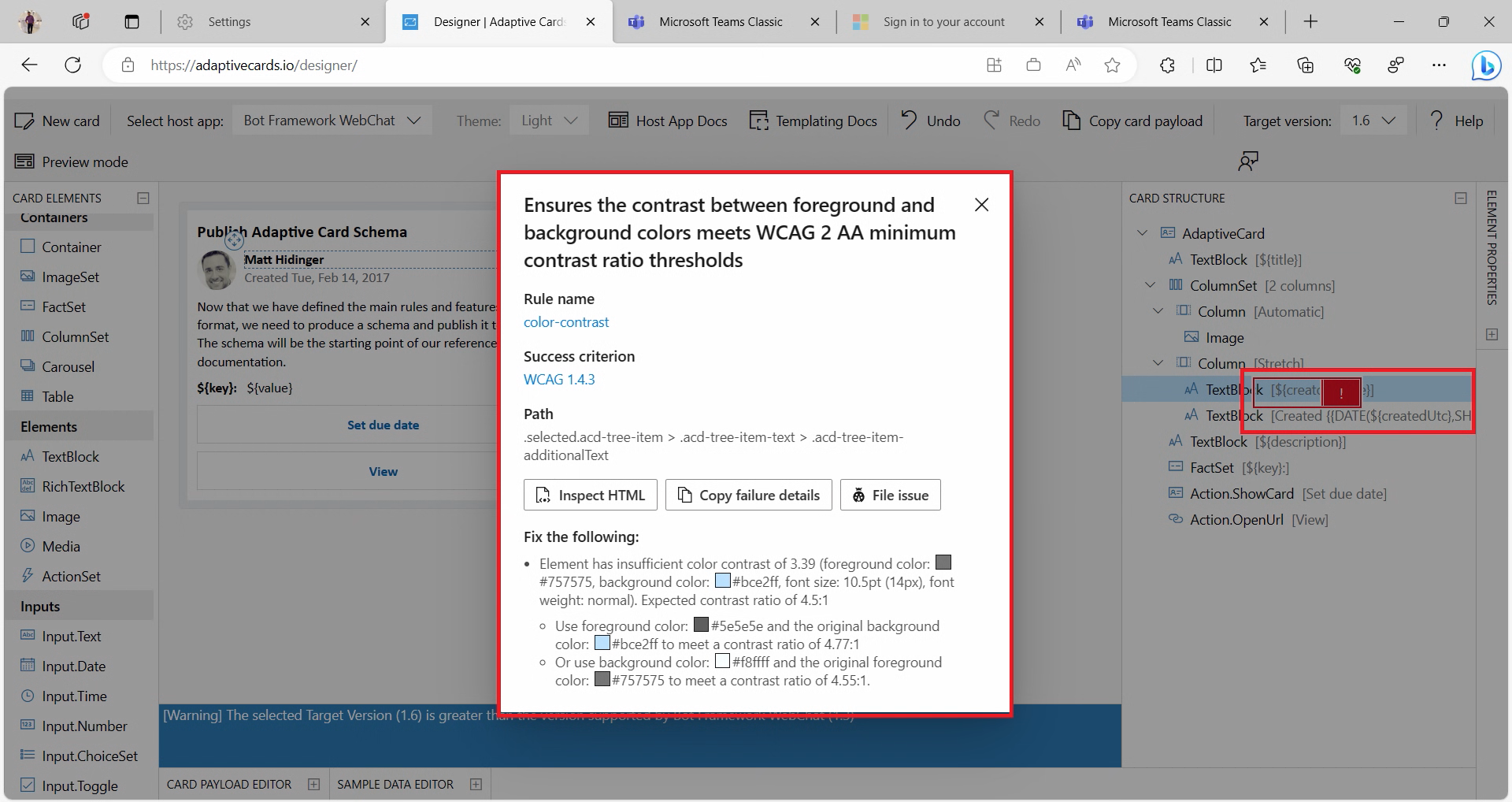 [Adaptive Cards> Designer> Card Structure]: Ensures the contrast ...