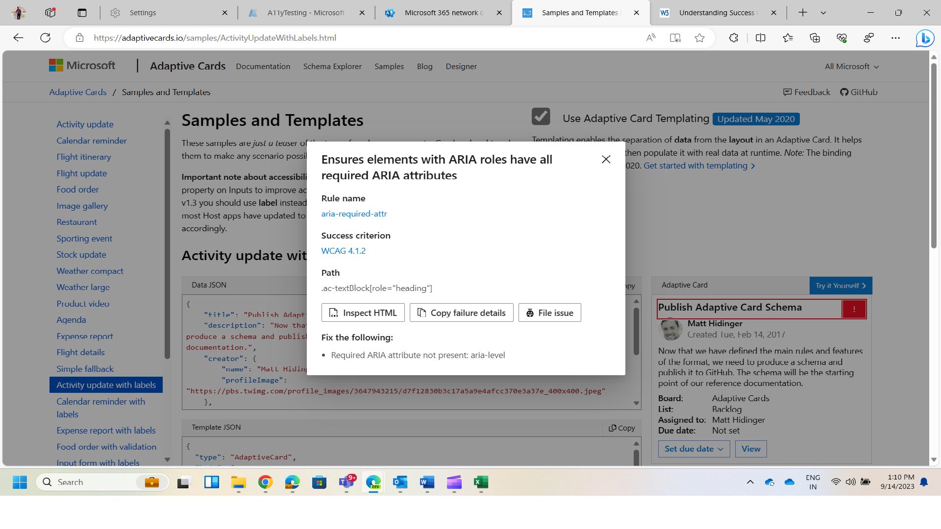[Adaptive Cards -Activity Update with Labels]: Ensures elements with ARIA roles have all ...