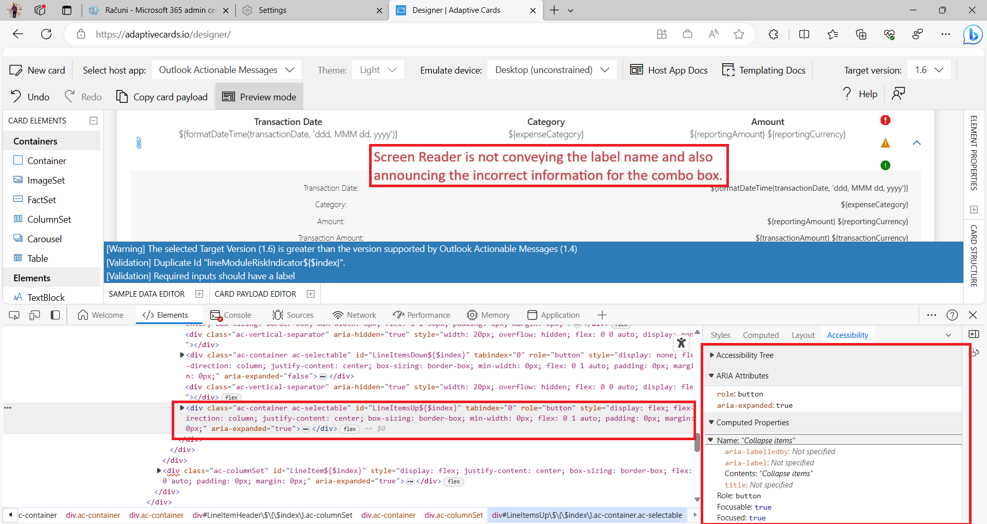 {Linked:Bug11089145} [Adaptive Cards > Designer] - Narrator is not announcing the descriptive ...