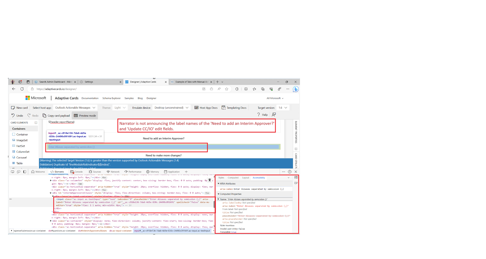 {Linked:Bug11089156} [Adaptive Cards > Designer] - Narrator is not announcing the label names of ...