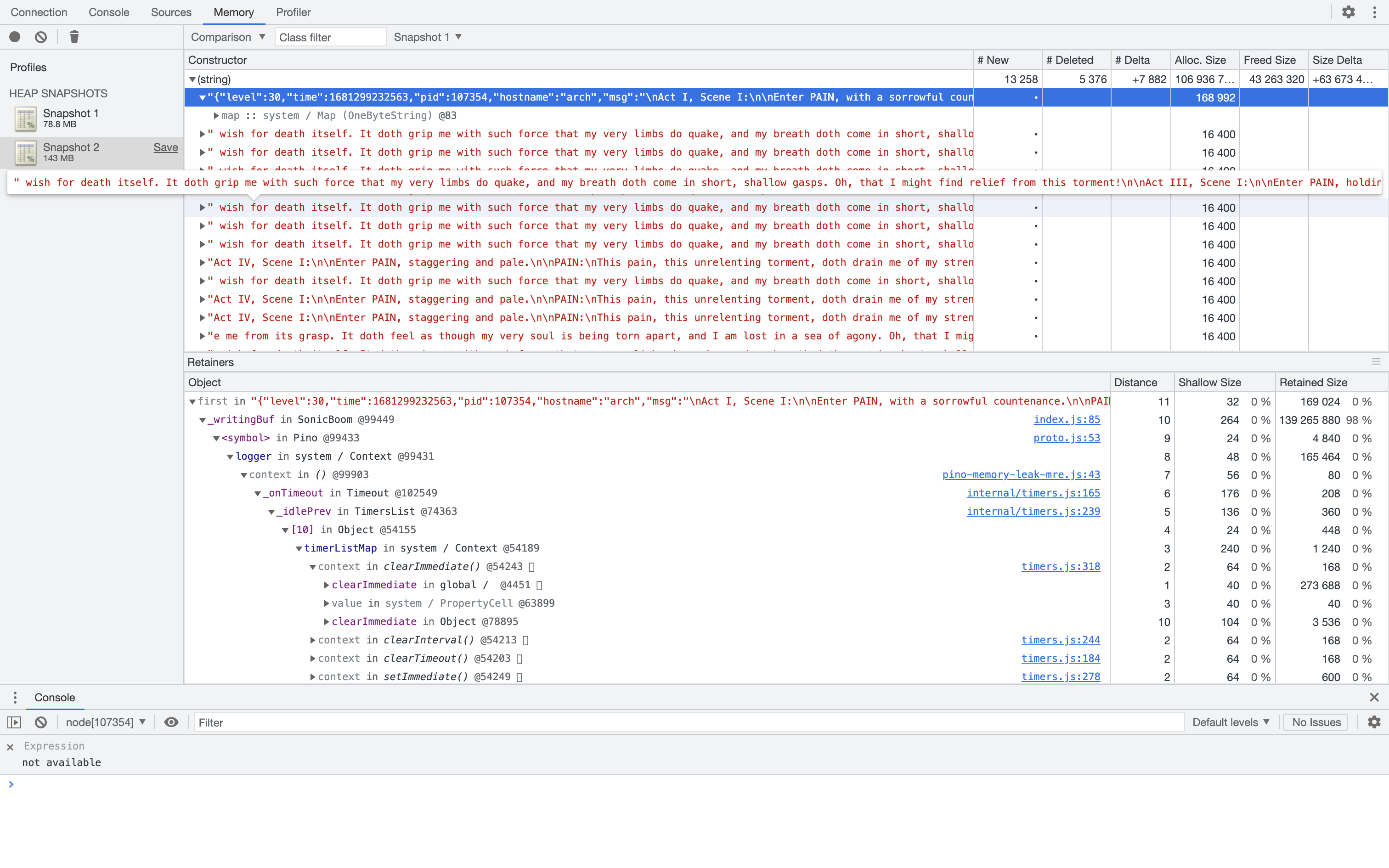 Memory leak when logging huge string · Issue #1692 · pinojs/pino · GitHub