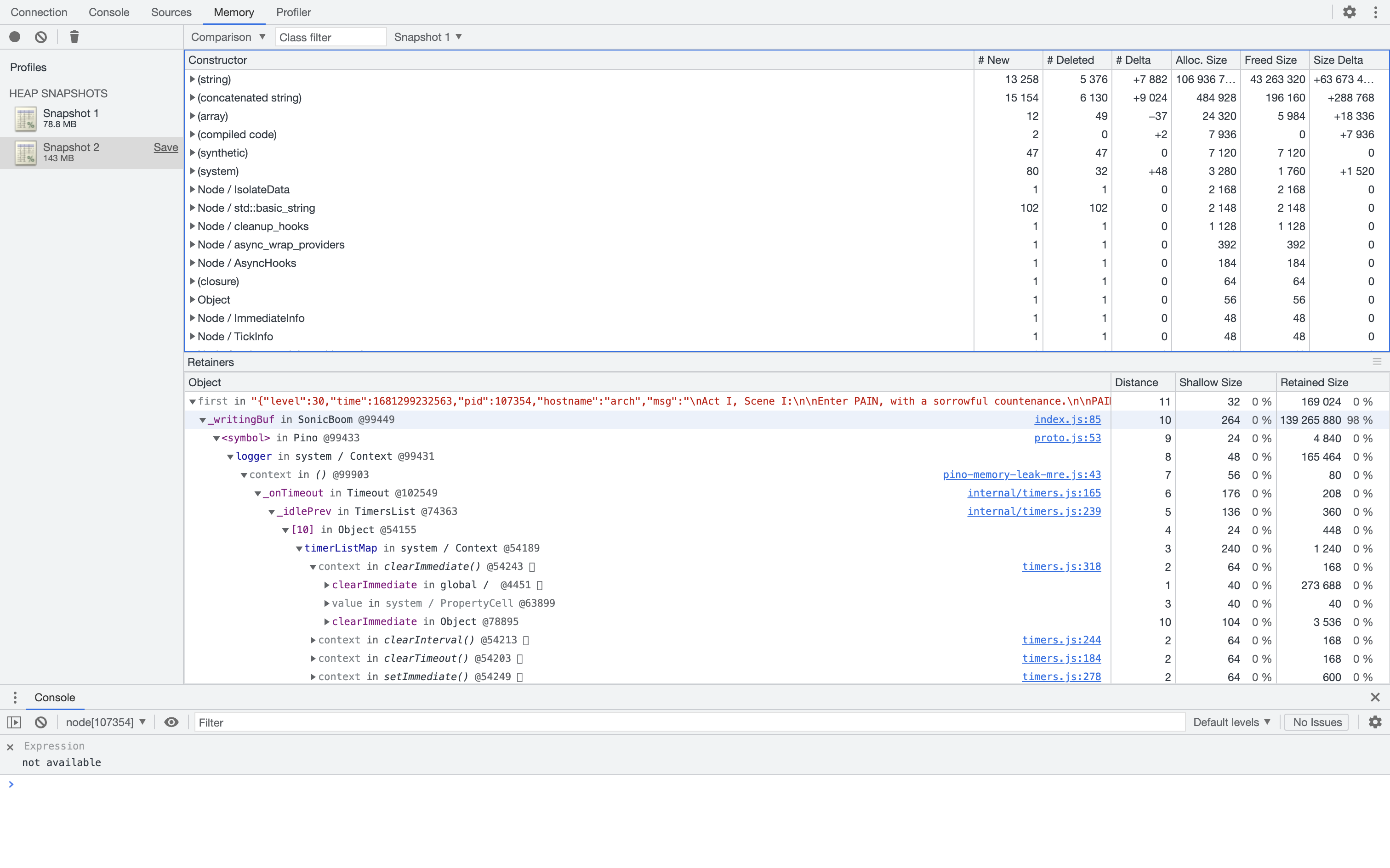 Memory leak when logging huge string · Issue #1692 · pinojs/pino · GitHub