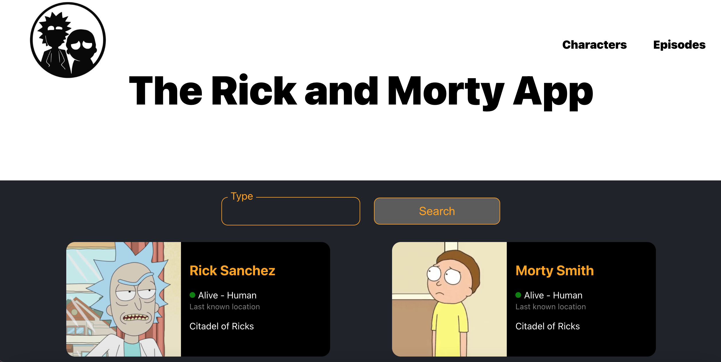 GitHub - karatashev/Rick-and-Morty-React: React app consuming Api for showing Characters and ...