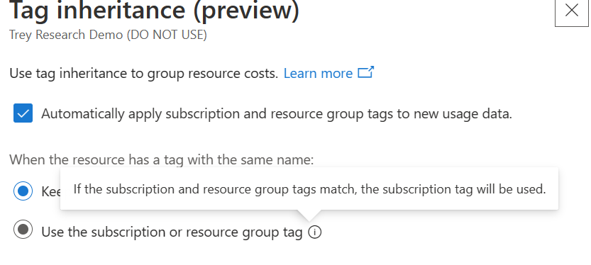 Examples missing, if the same tag is configured on subscription and resource-group, but with ...