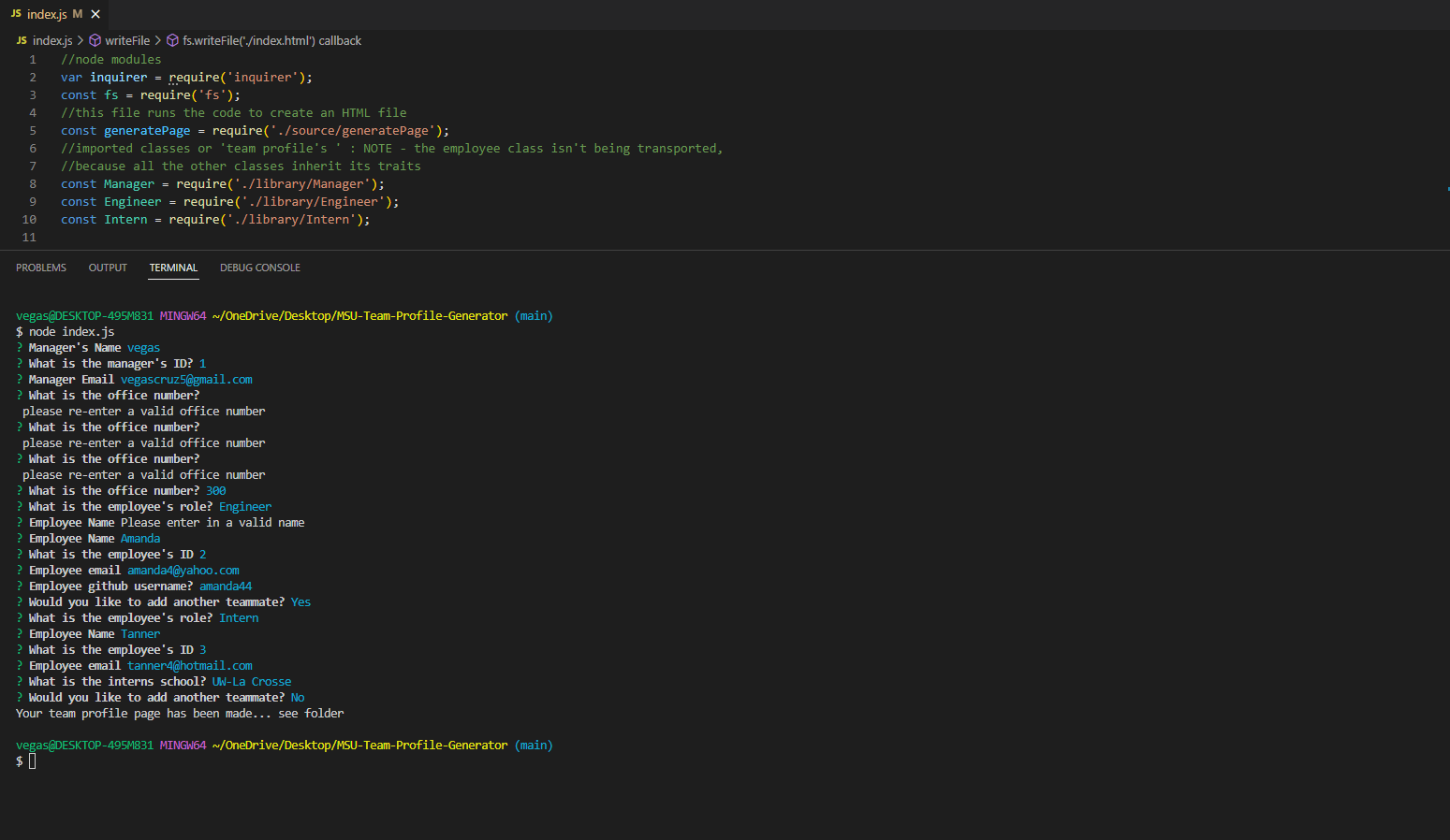 GitHub - vegascruz/MSU-Team-Profile-Generator: This program will be ran in the console using ...