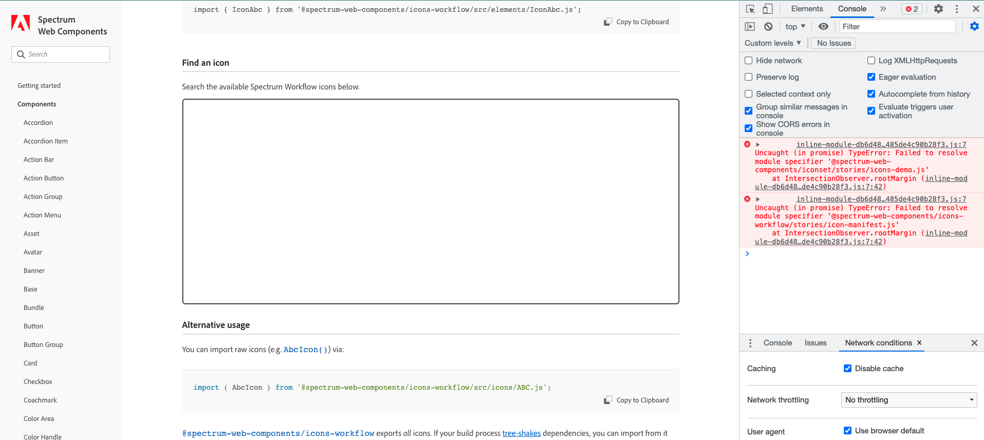 [Bug in Documentation]: "Failed to Resolve Module" in "Find an Icon" sections of documentation ...