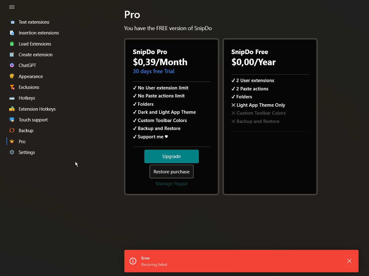 Logged out from pro account and unable to restore purchase · Issue #69 · poochie89/SnipDo ...