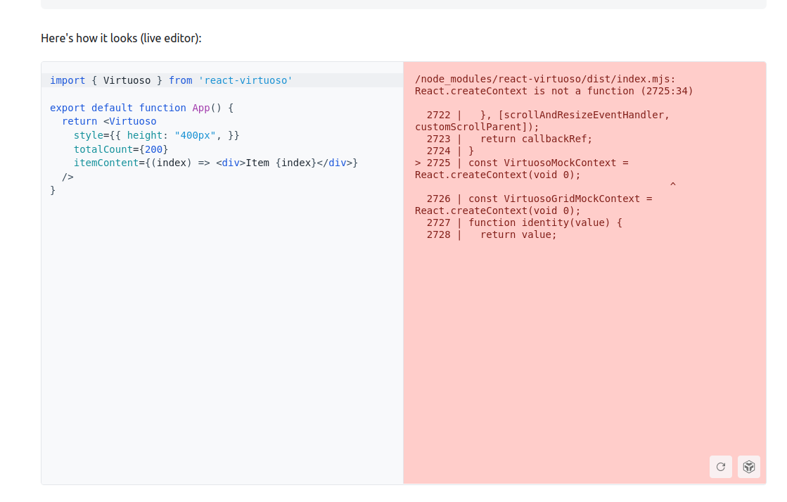 [BUG] Documentation site appears broken · Issue #814 · petyosi/react-virtuoso · GitHub