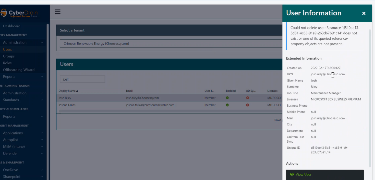 BUG: Error on deleting user - "Could not delete user: Resource '...' does not exist or one of ...