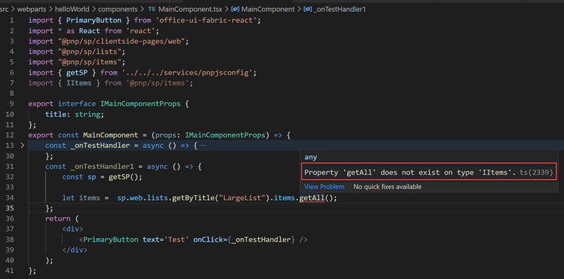 getAll() isn't recognized for a IItems · Issue #2174 · pnp/pnpjs · GitHub