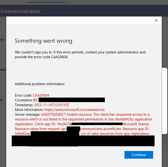Error when accessing CC authors app: CAA20004 · Issue #1216 · OfficeDev/microsoft-teams-apps ...