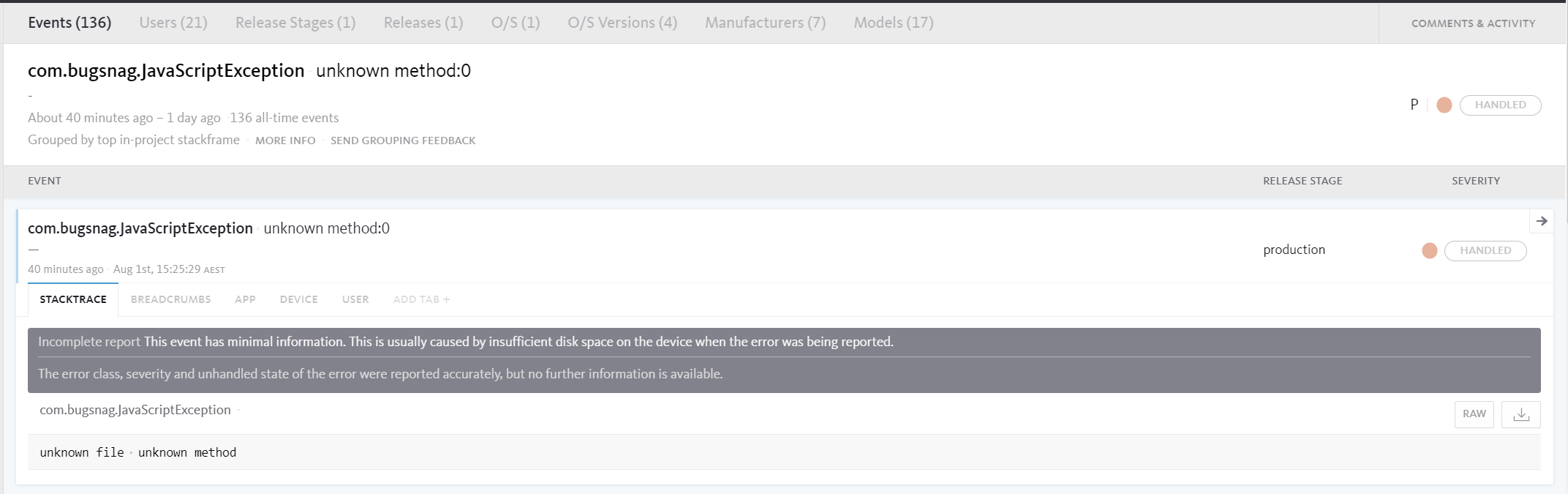 Javascript Errors Appear As Minimal `combugsnagjavascriptexception