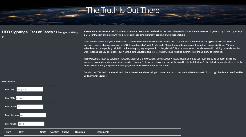 GitHub - ayyray/UFOs: JavaScript, Bootstrap, and UFO's