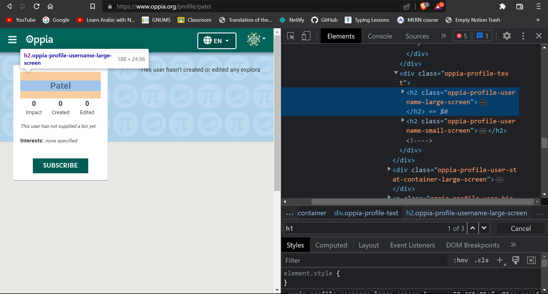 [BUG]: No H1 tag is seen in profile page · Issue #16979 · oppia/oppia · GitHub