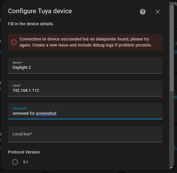 Connection succeeded but data points not found · Issue #1290 · rospogrigio/localtuya · GitHub