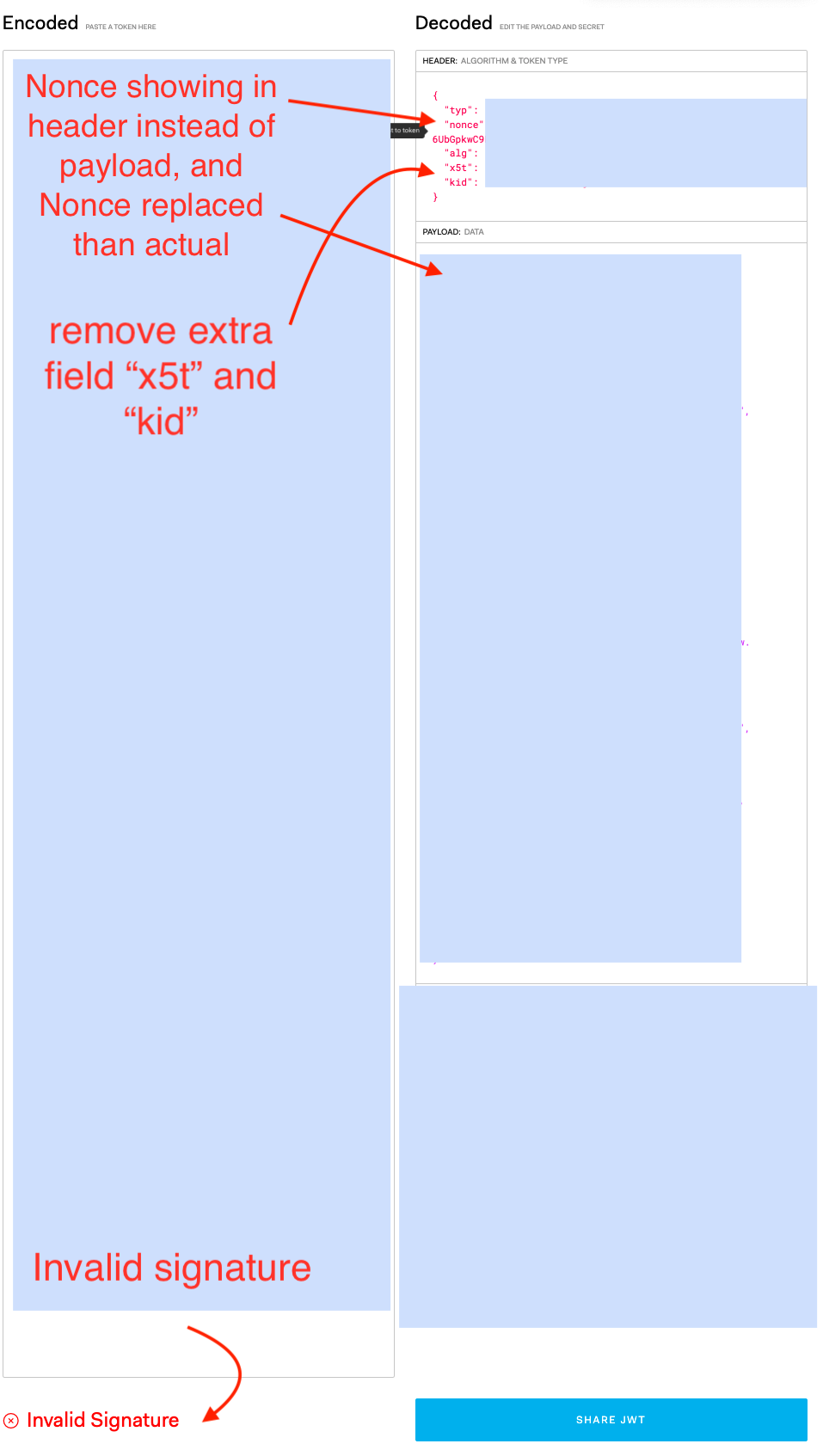 ‘Nonce’ value is changing and displaying in HEADER rather than PAYLOAD ...