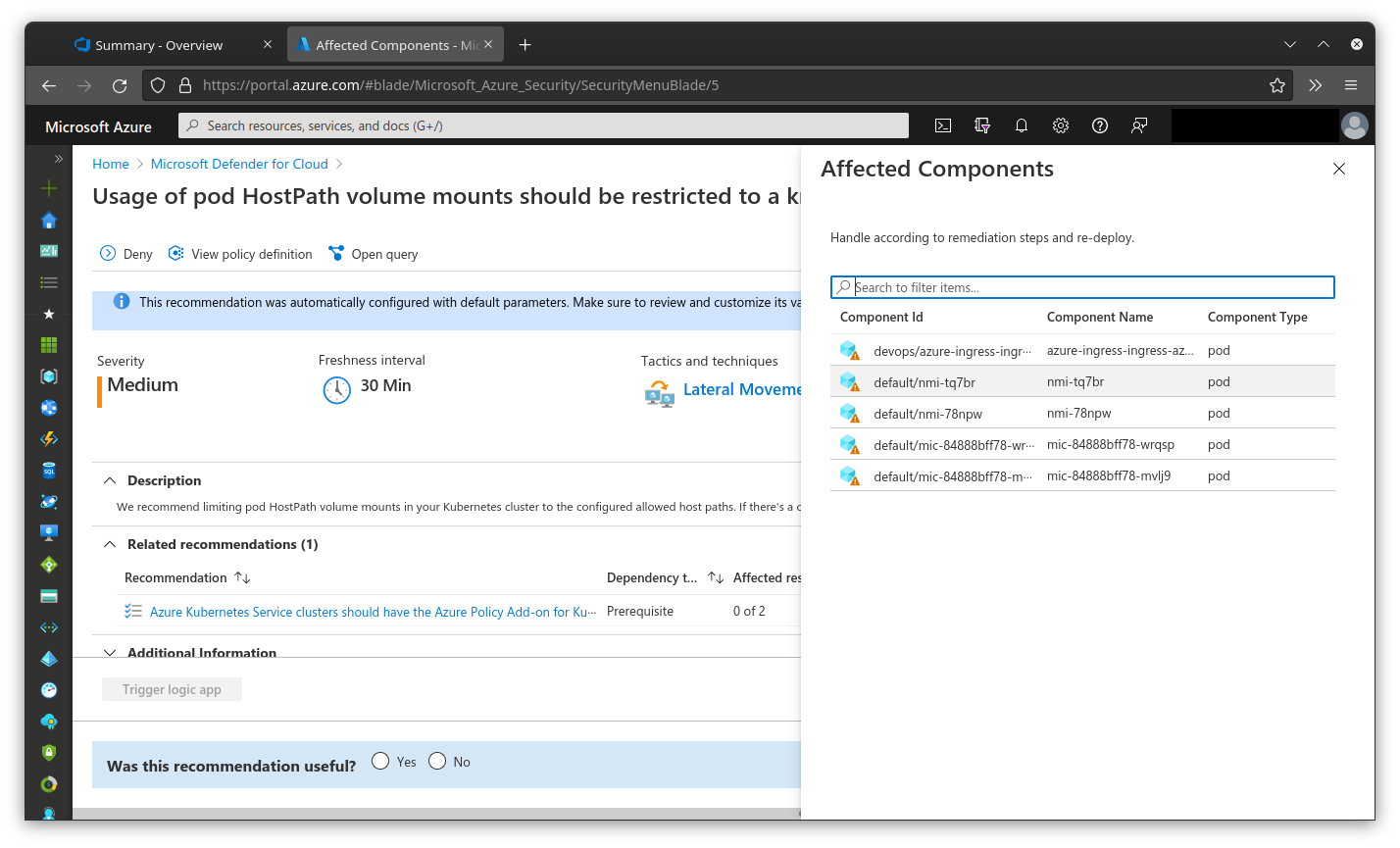 Azure Security Benchmark Regulatory Compliance: Usage of pod HostPath volume mounts should be ...