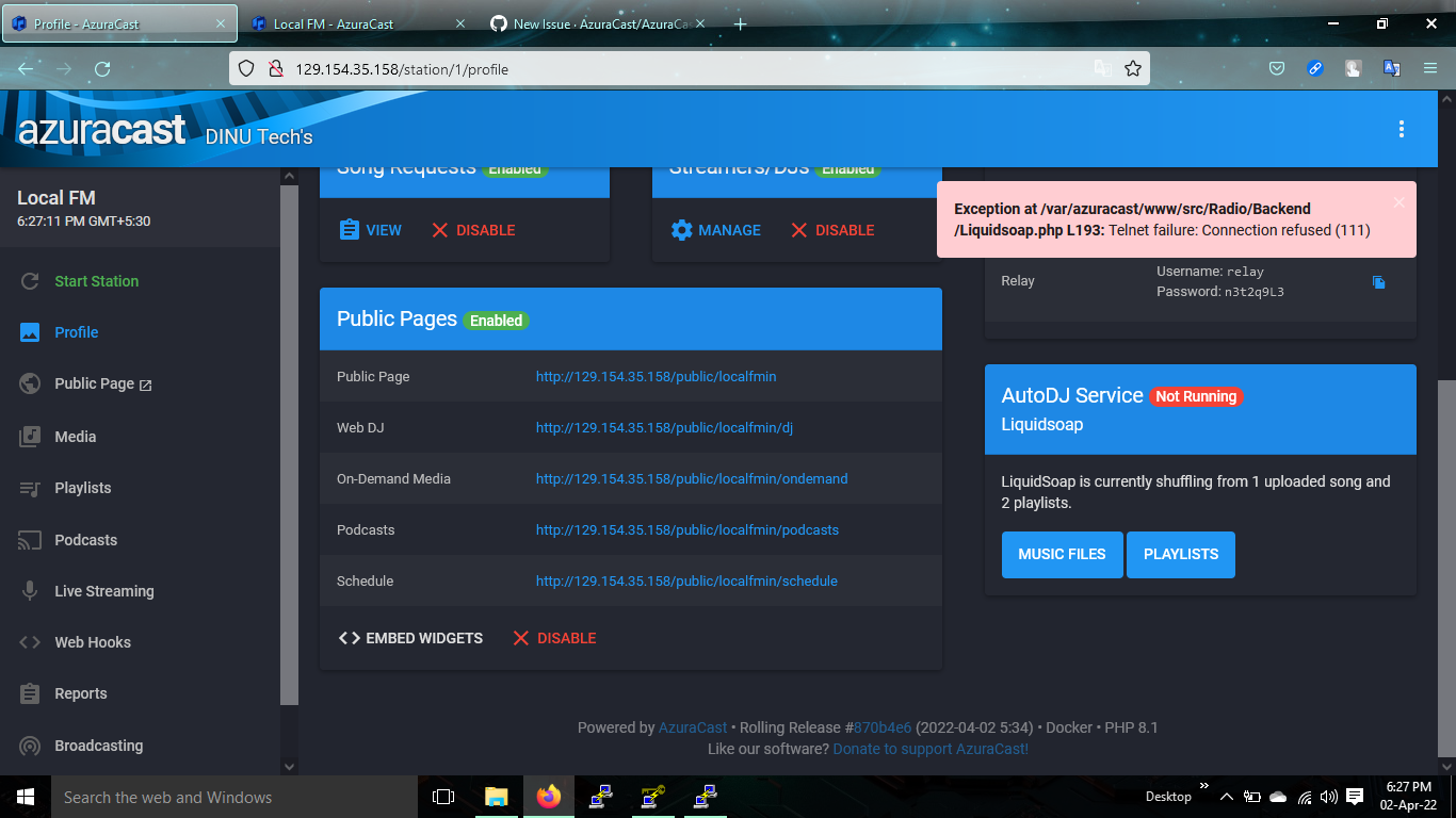 Auto Dj not running and public page sound error · Issue #5254 · AzuraCast/AzuraCast · GitHub
