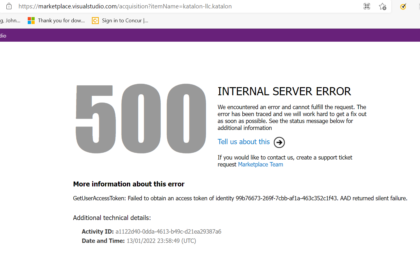 Unable to install any free ADO extension from marketplace. Server ...