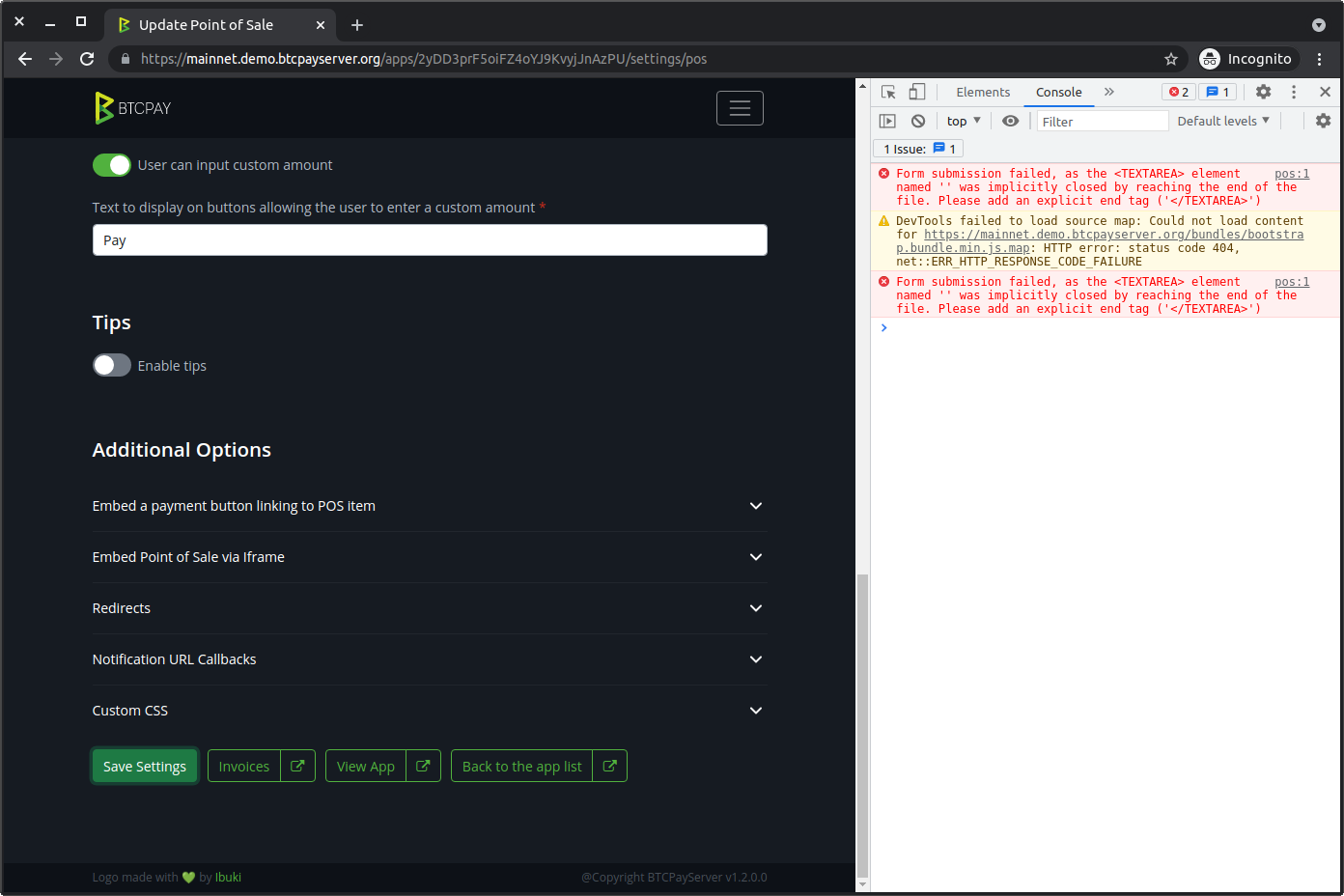 'Form submission failed' error when trying to update Point of Sale app ...