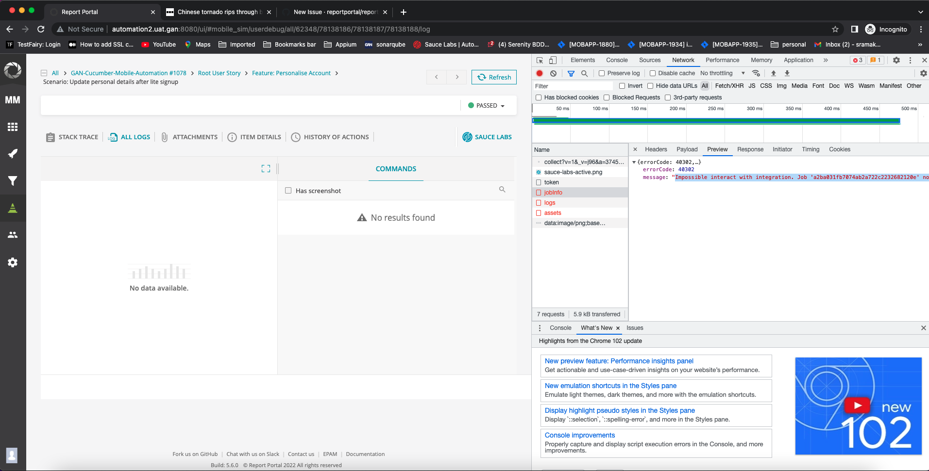 Saucelab integration plugin in report portal not working Error: Impossible interact with ...