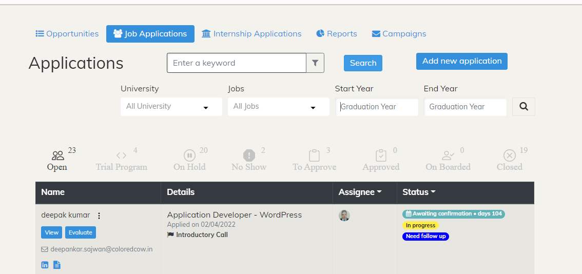 Change the filter available in the job applications page under the Recruitment dropdown of HR ...