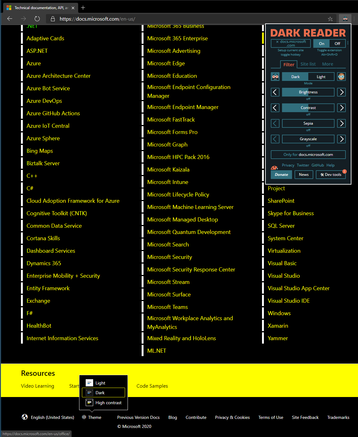 [Broken Website] docs.microsoft.com switches to "High Contrast" theme even if excluded · Issue ...
