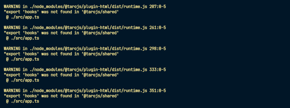 WARNING in ./node_modules/@tarojs/plugin-html/dist/runtime.js 351:0-5 "export 'hooks' was not ...