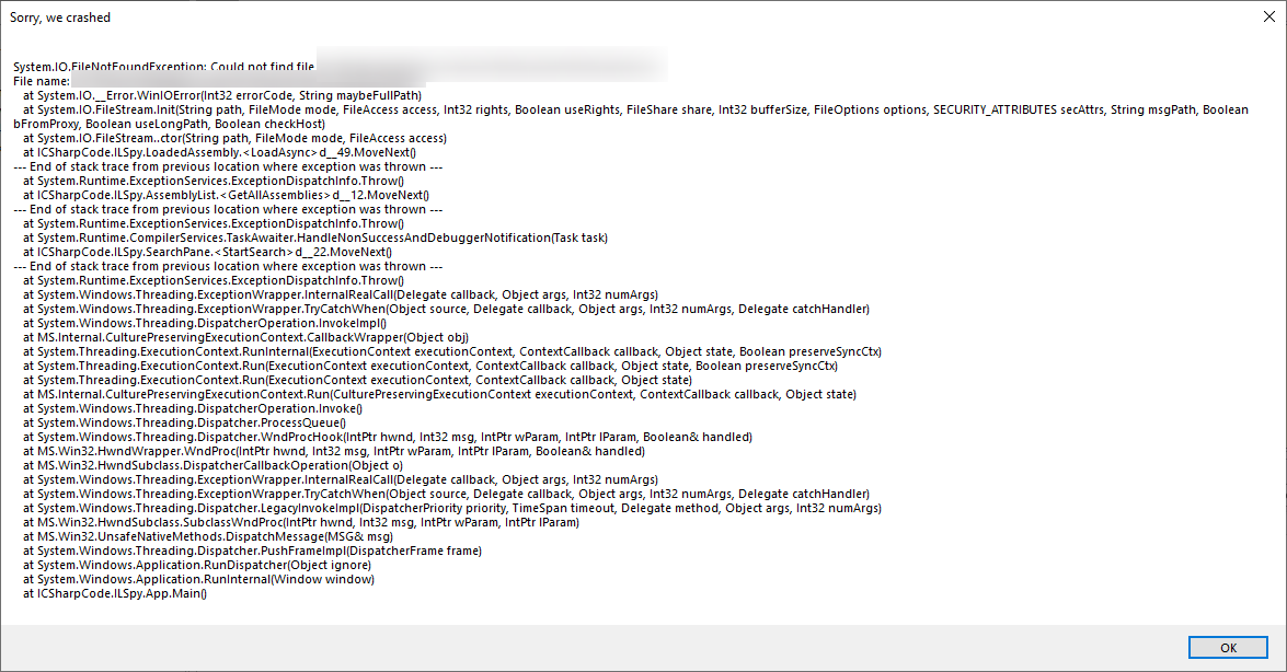 Search window crash when file deleted · Issue #2370 · icsharpcode/ILSpy · GitHub