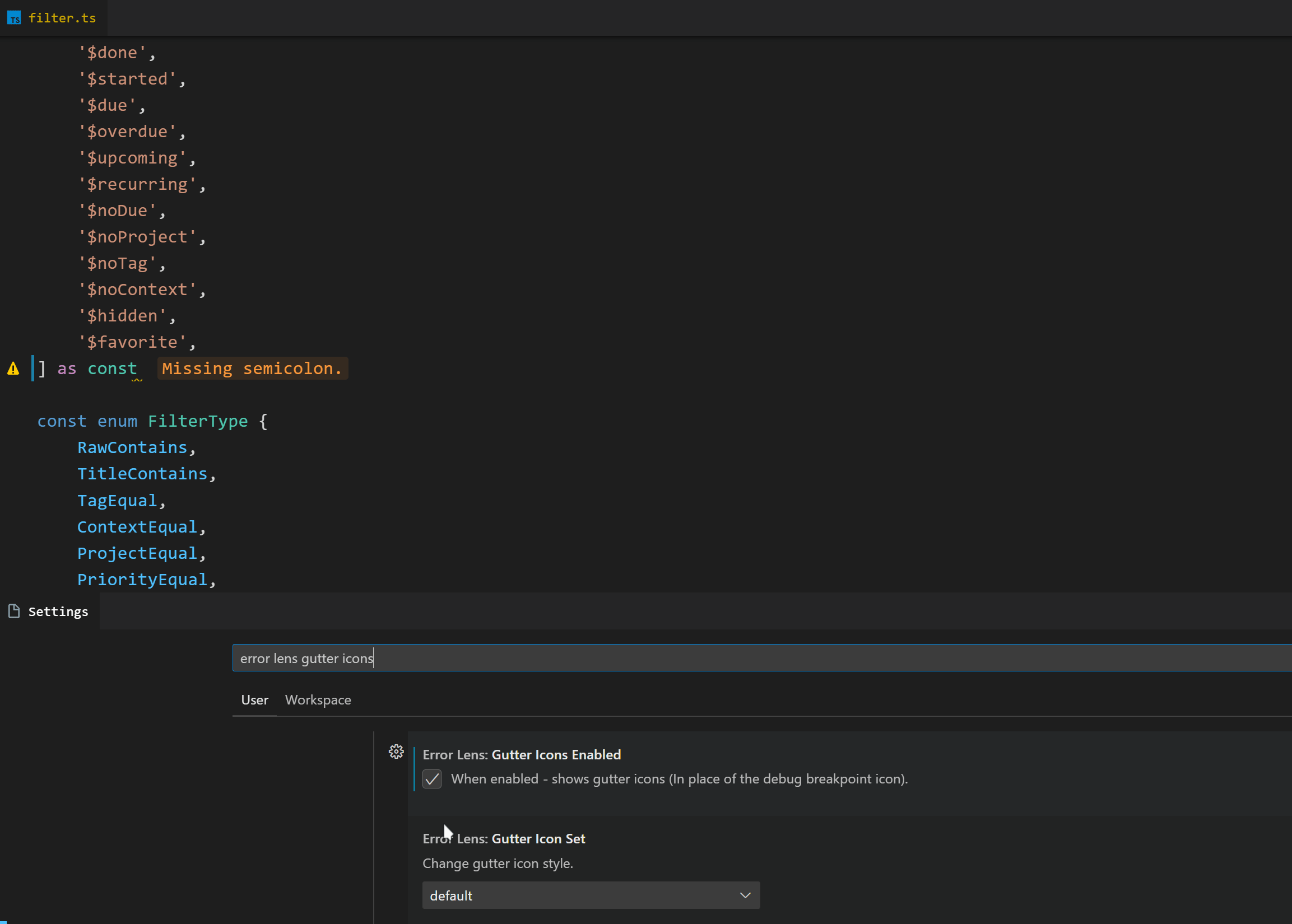 It cannot hide the gutter icon with setting errorLens ...