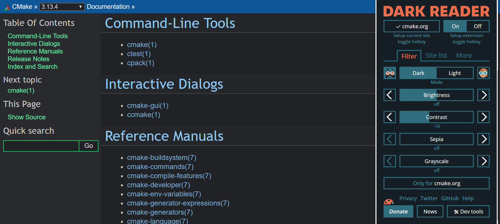 Dynamic theme doesn't work on CMake documentation · Issue #1079 · darkreader/darkreader · GitHub
