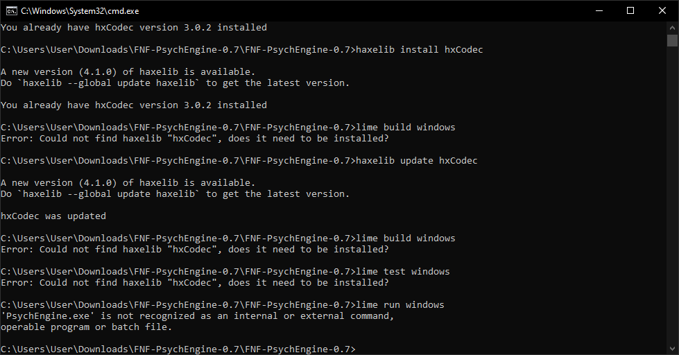 'PsychEngine.exe' is not recognized as an internal or external command, operable program or ...