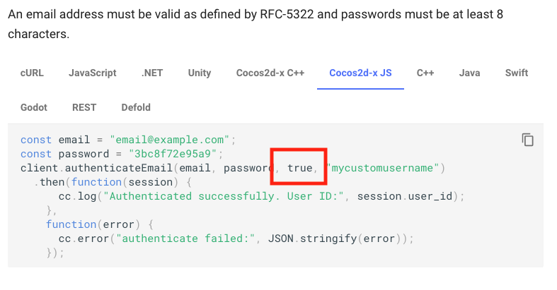missing. 'create' parameter in client.authenticateEmail · Issue #11 · heroiclabs/nakama-cocos2d ...