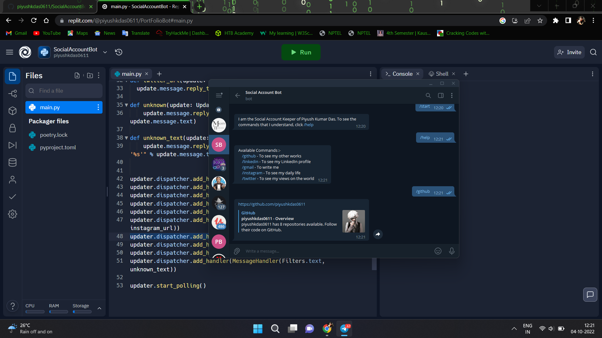 GitHub - piyushkdas0611/TelegramSocialBot: A simple Telegram Bot using Python
