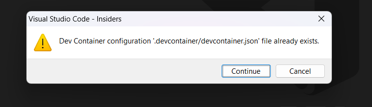 Open Container Configuration File shows prompt to create new configuration from WSL window ...