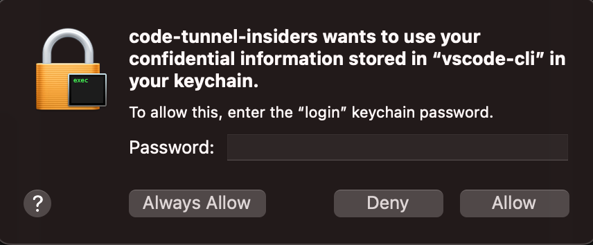 tunnel service repeatedly prompts for keychain access · Issue #183822 · microsoft/vscode · GitHub