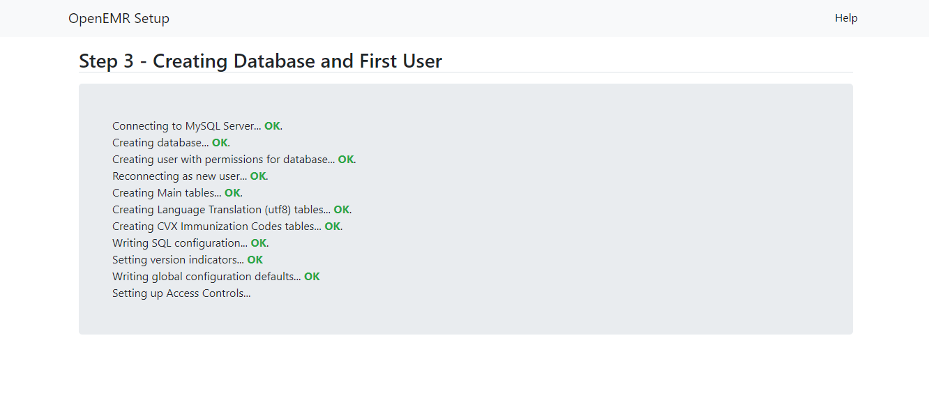 Setup stuck on 'Setting up Access control' · Issue #4837 · openemr/openemr · GitHub